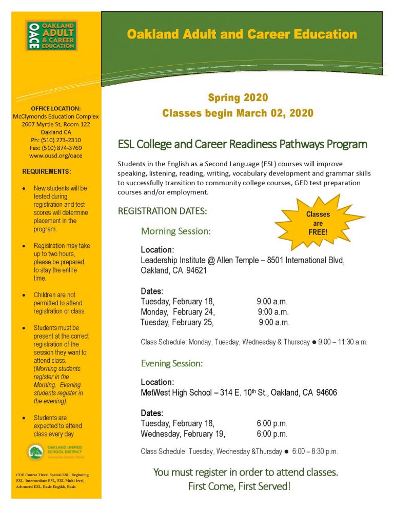 Enroll now! ESL classes with Oakland Adult and Career Education ...